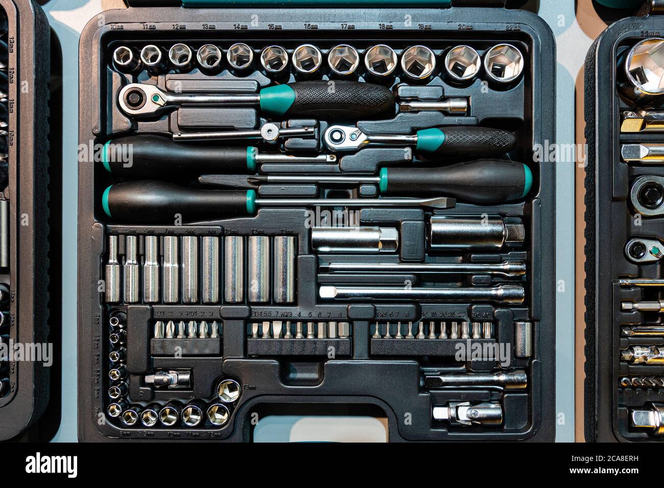 Box with special tools in car repair shop, closeup - image Stock Photo ...