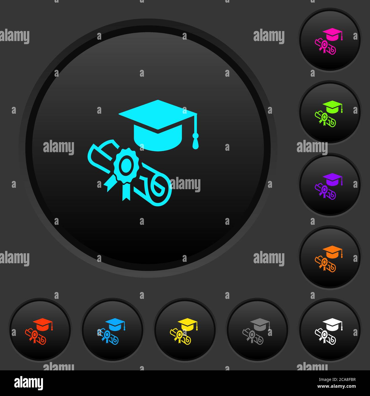 Graduation ceremony dark push buttons with vivid color icons on dark ...