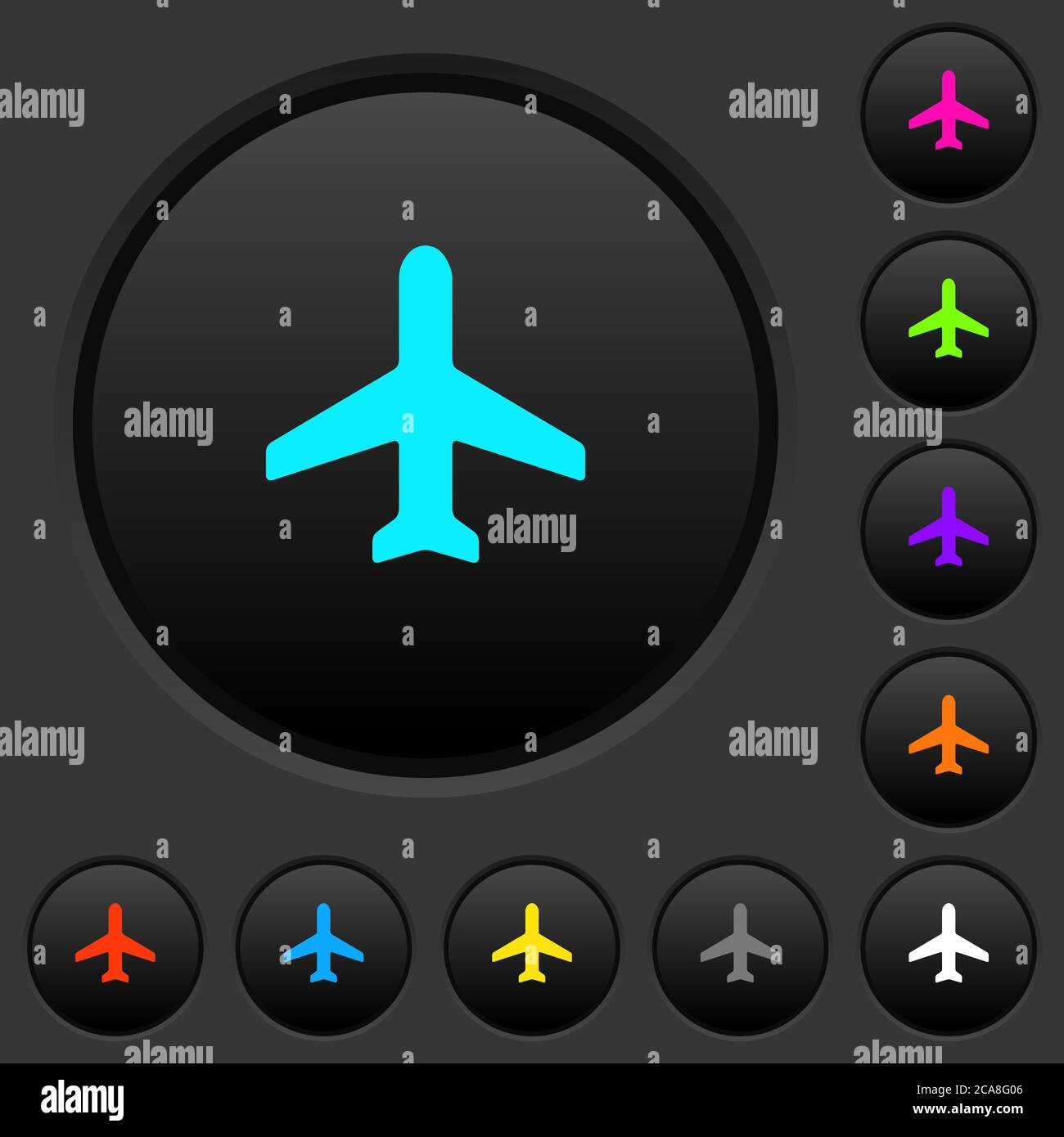 Airplane dark push buttons with vivid color icons on dark grey ...