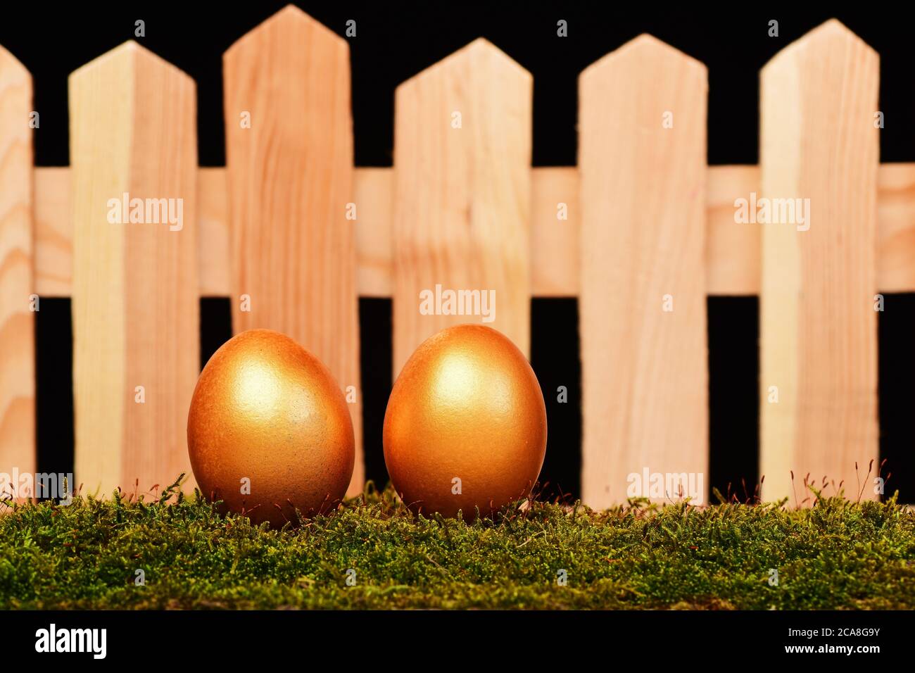set of traditional eggs painted in golden color on moss on wooden fence ...
