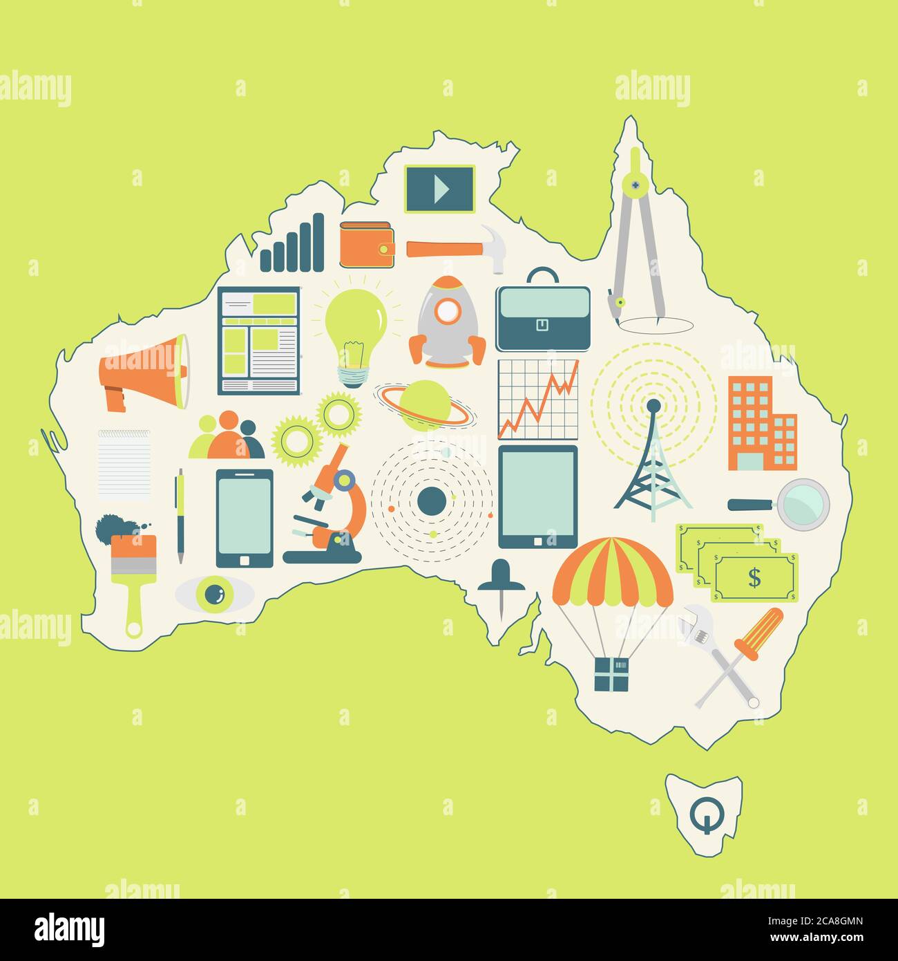 Contour map of Australia with icons of technology, business, science ...