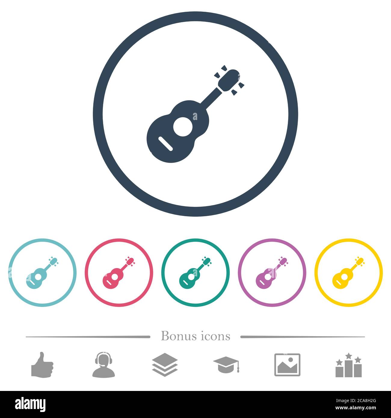 Acoustic guitar flat color icons in round outlines. 6 bonus icons ...