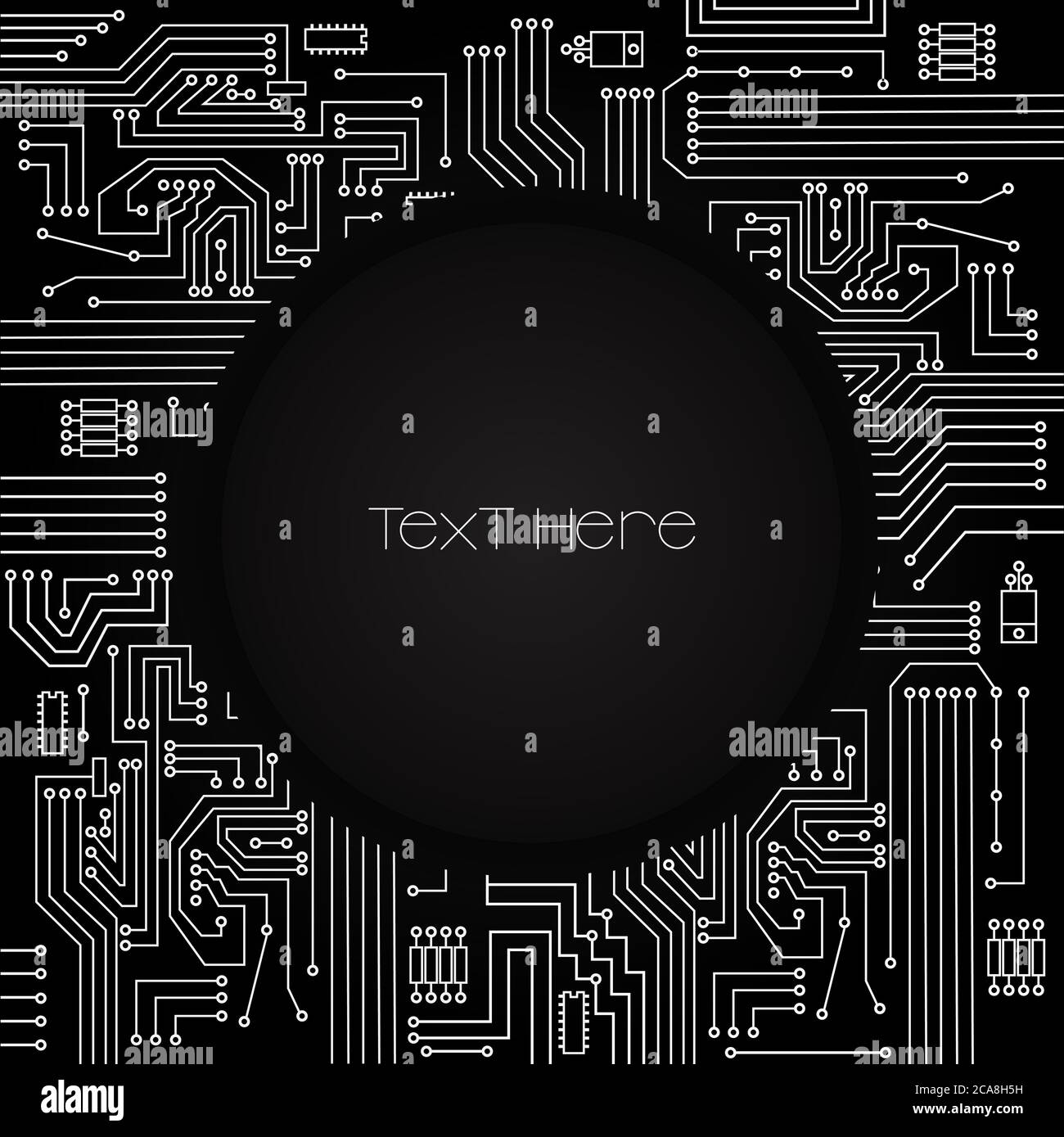 Electronic circuit black background. Circle in the center with copy ...