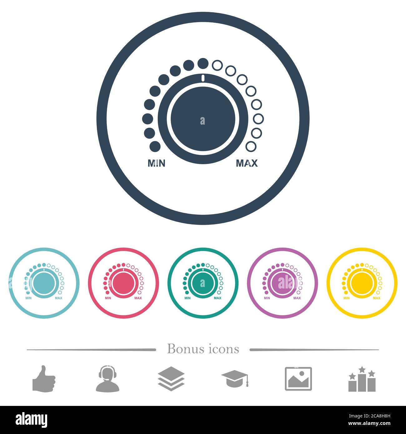 Volume control with captions flat color icons in round outlines. 6 ...