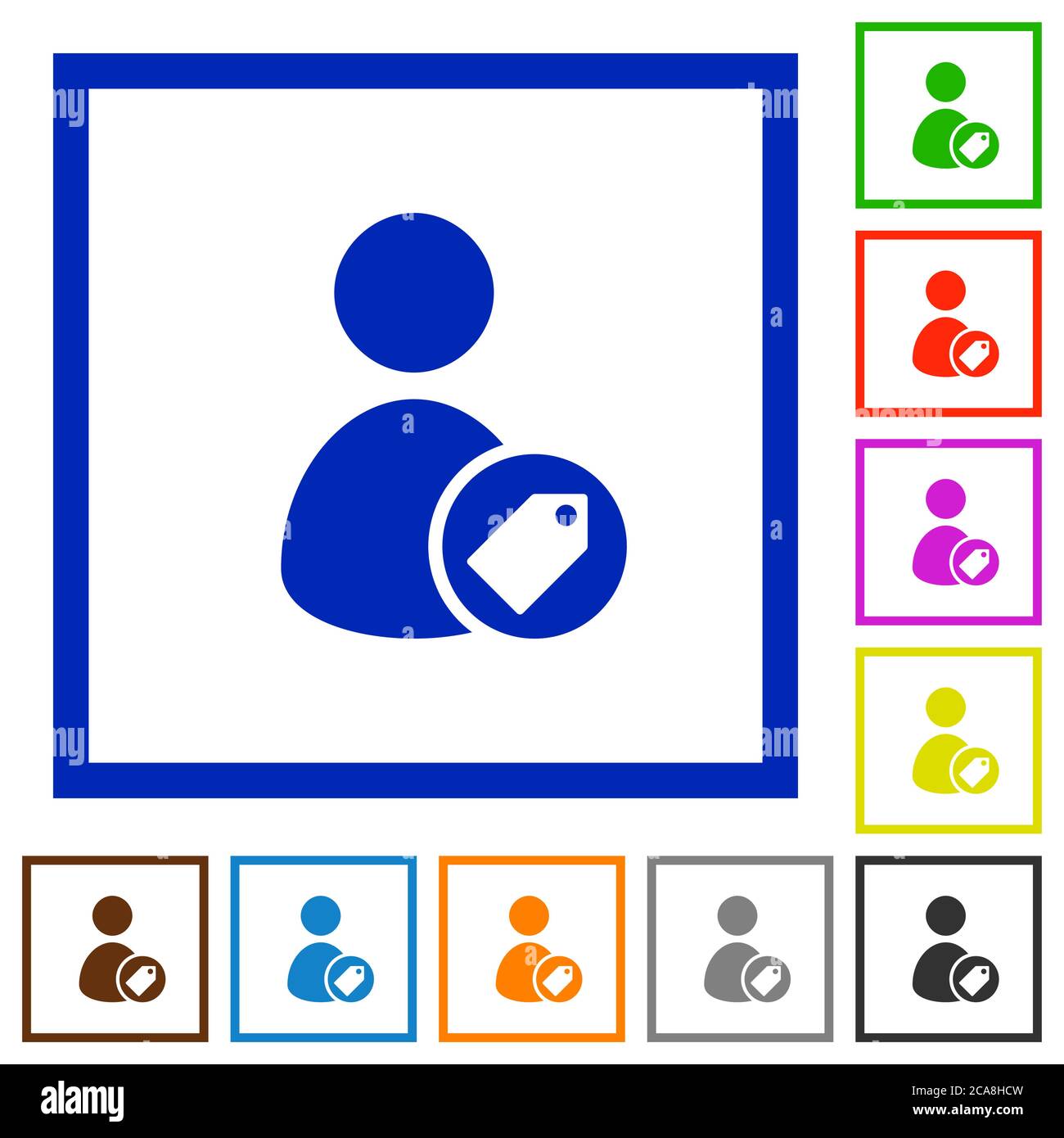Tagging user flat color icons in square frames on white background ...