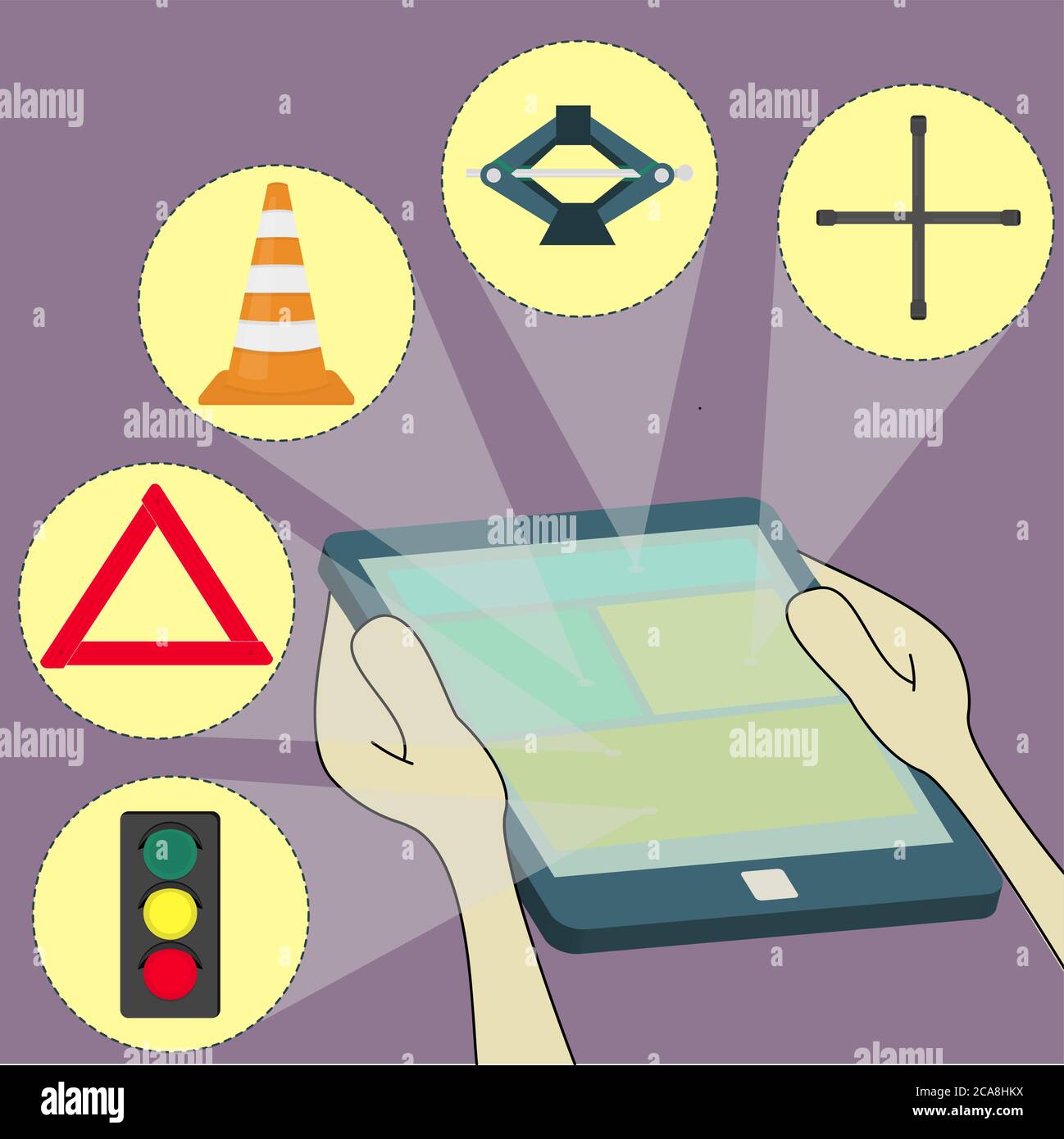choosing items of traffic in tablet: car warning triangle, semaphore ...