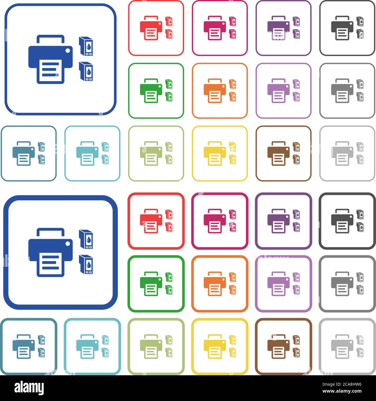 Printer and ink cartridges color flat icons in rounded square frames ...