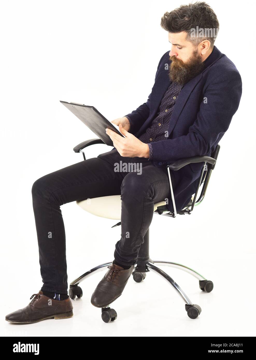 CEO and management concept. CEO sits in boss chair and checks project ...