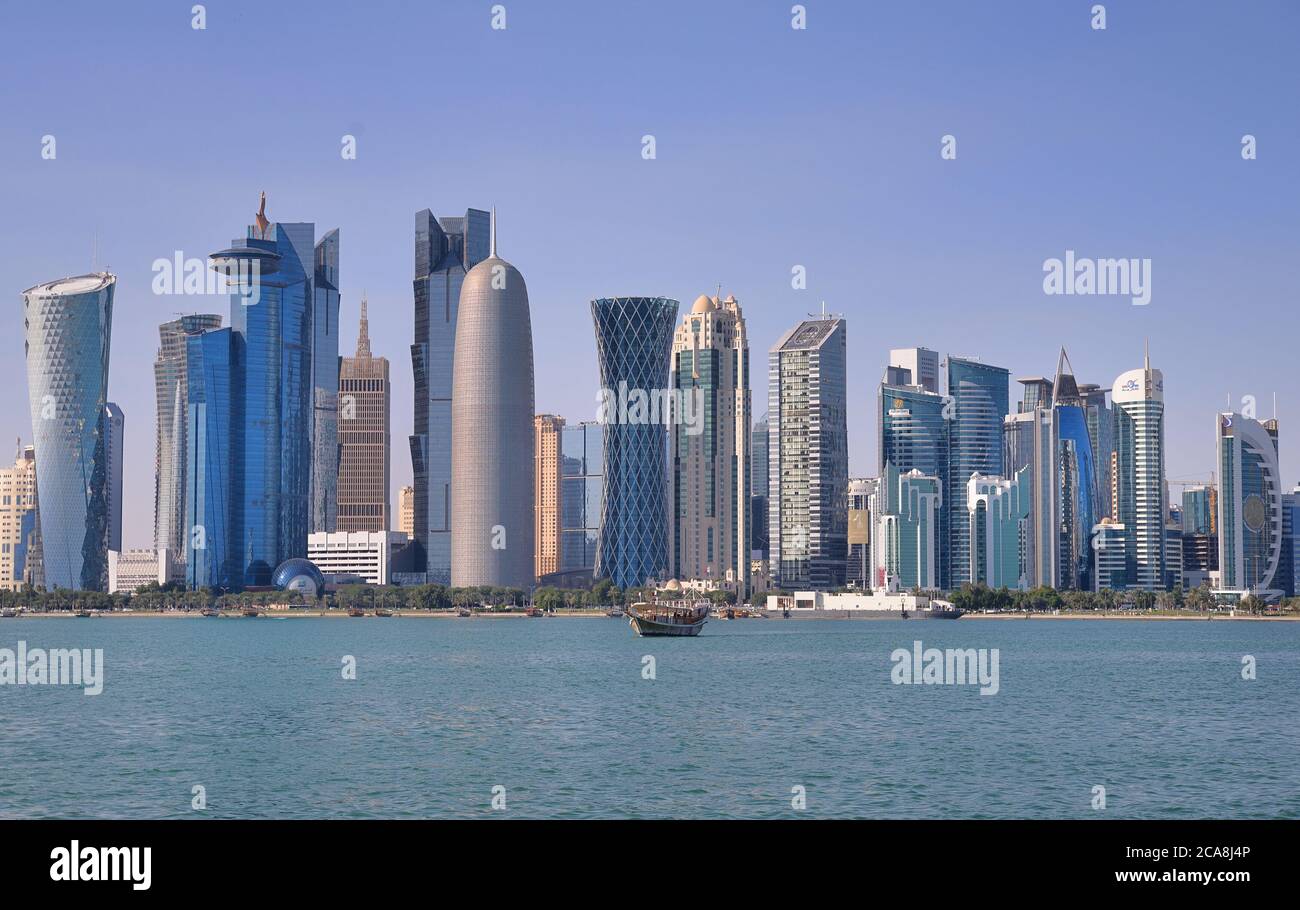 DOHA, CAPITAL OF QATAR. SIGHTSEEING THE CITY CENTRE. PANORAMIC VIEW ...