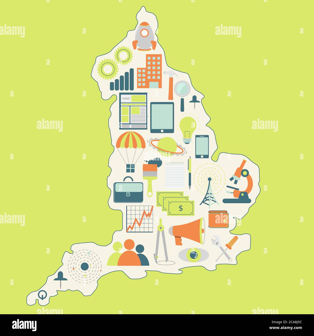 Contour map of England with icons of technology, business, science ...