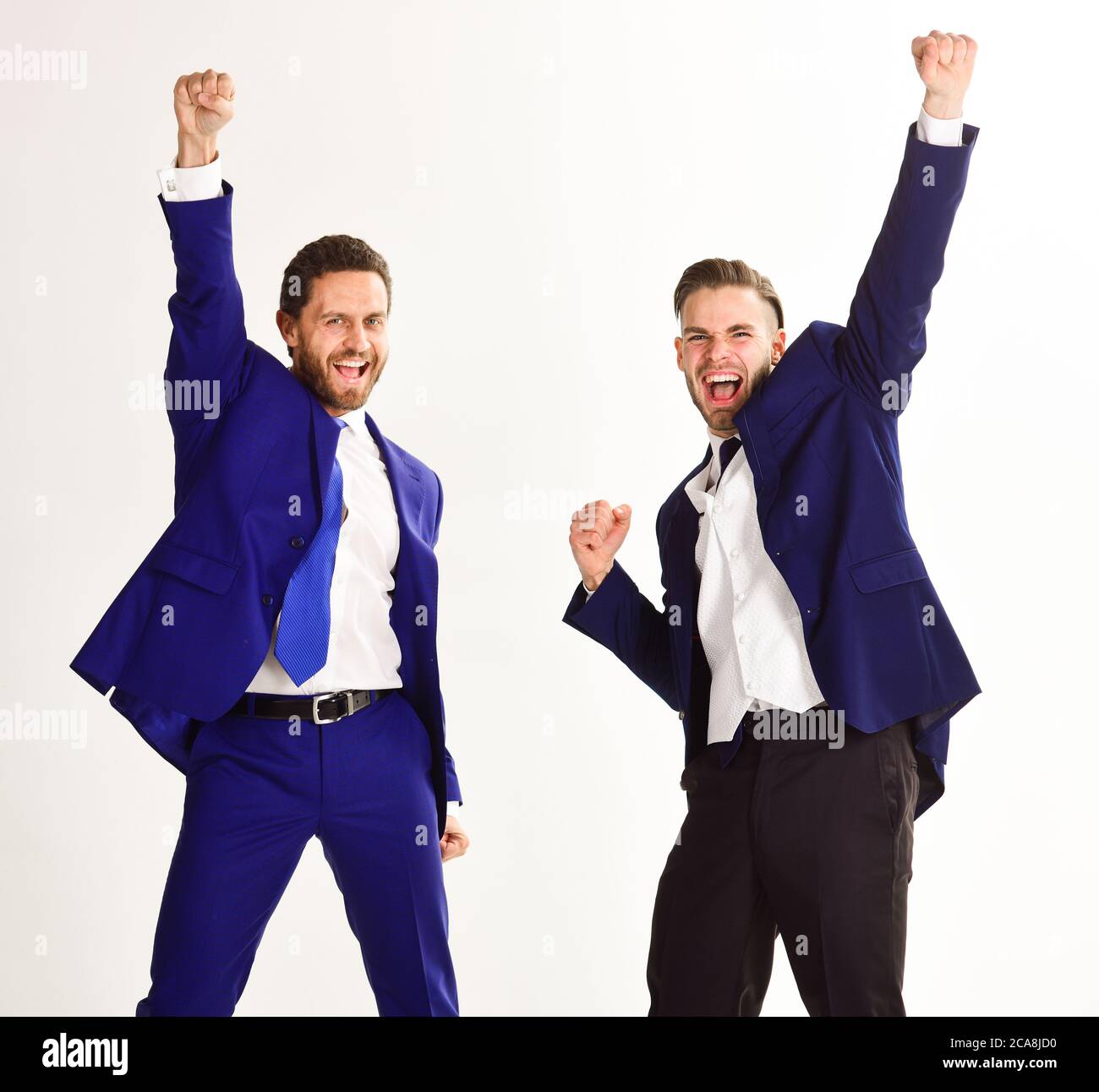 Men in suits or businessmen with happy expression on white background ...