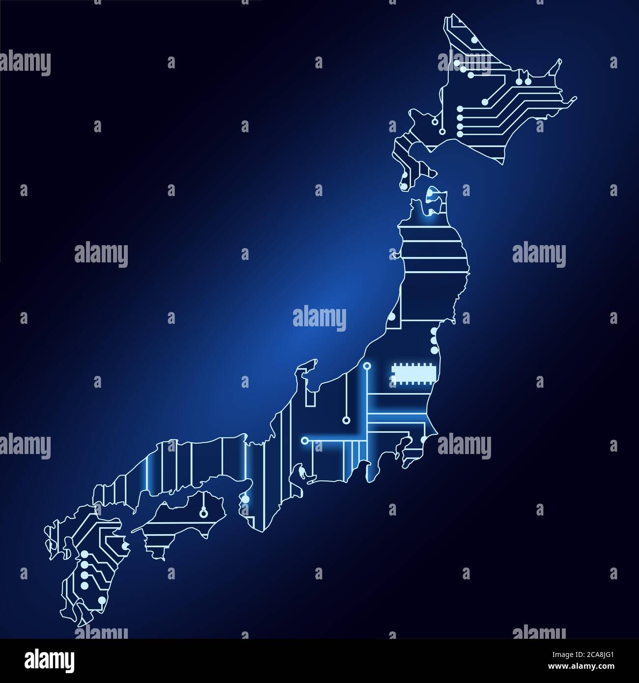 Contour map of Japan with a technological electronics circuit Stock ...