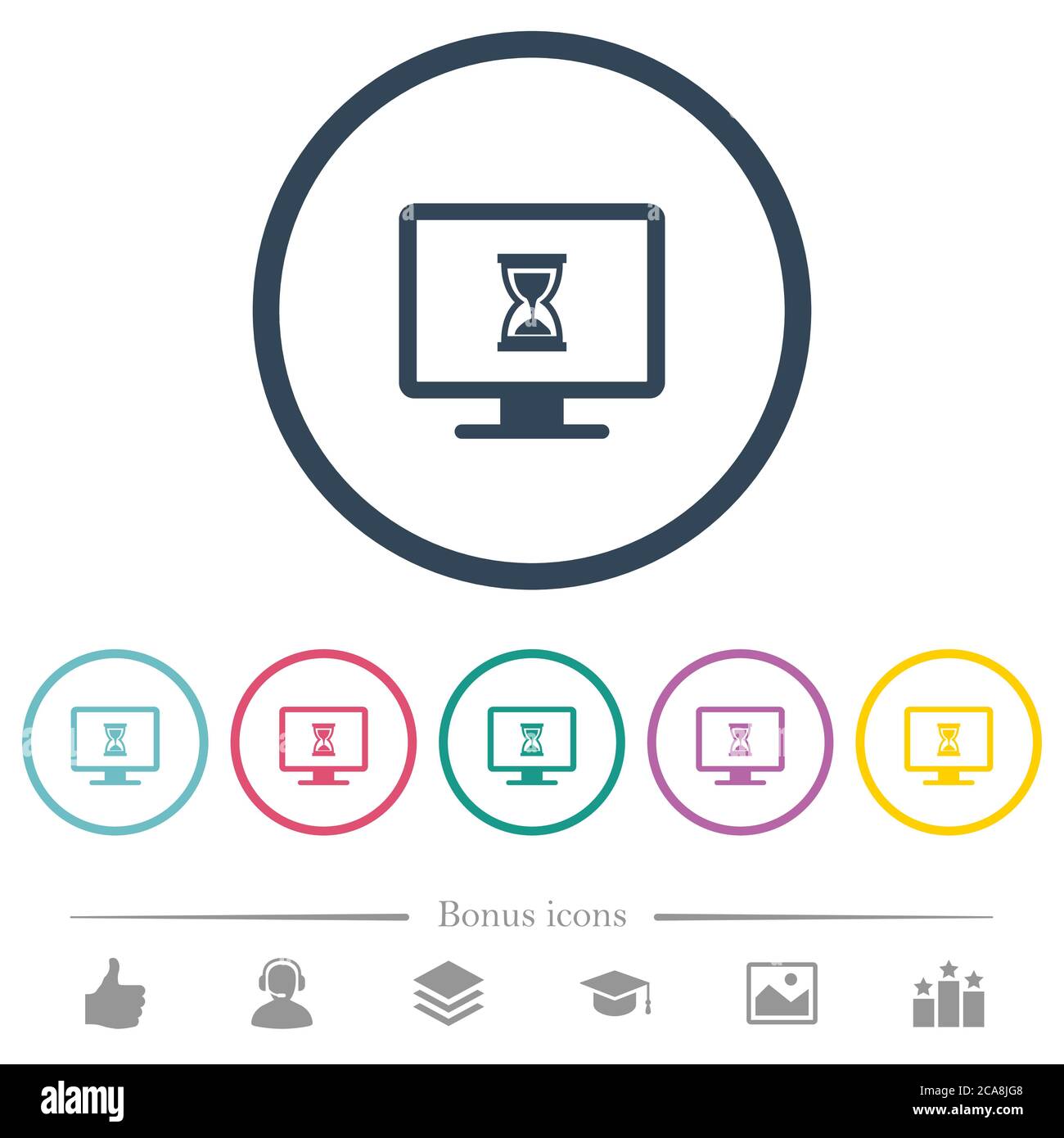 Busy computer flat color icons in round outlines. 6 bonus icons ...