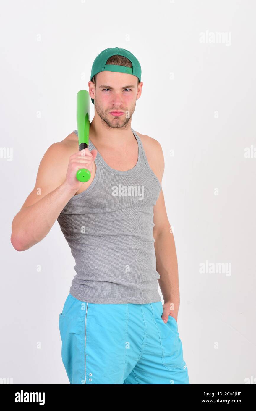 Sports and game concept. Man in cyan green baseball hat on white ...