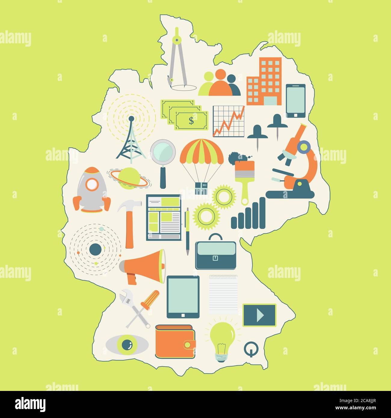 Contour map of Germany with icons of technology, business, science ...