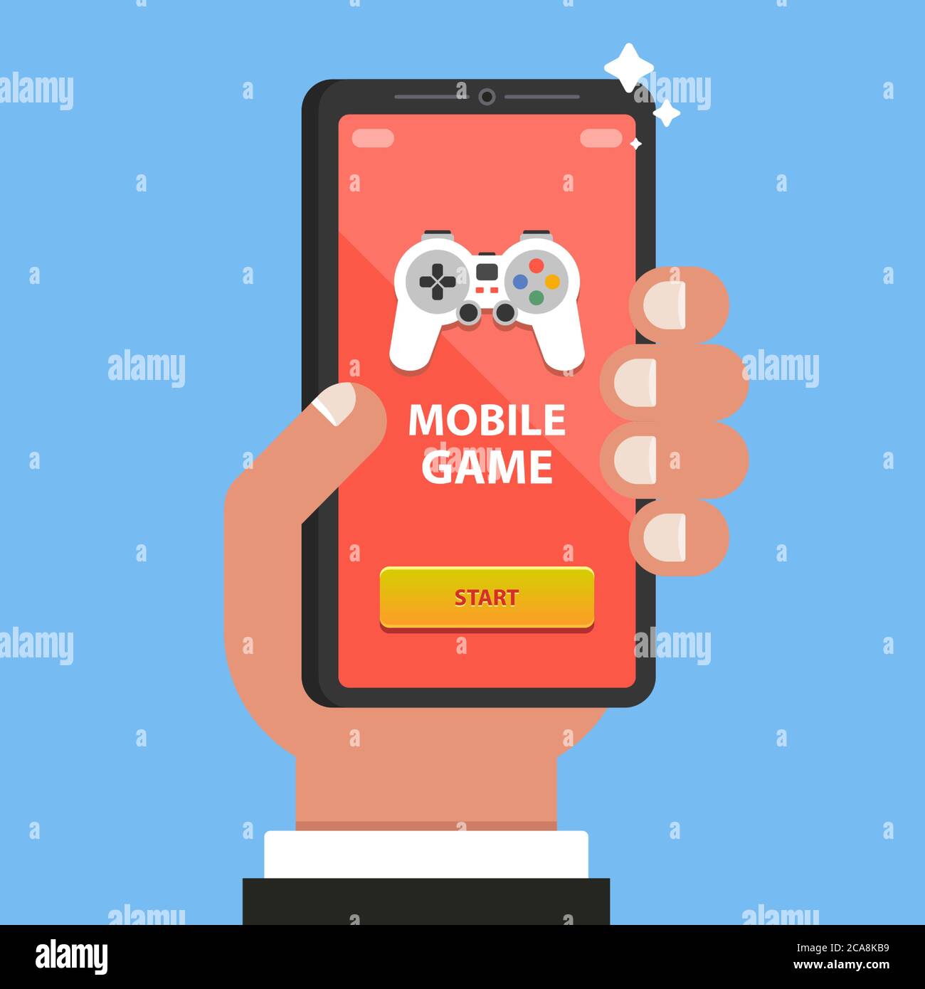 hand holds a phone with a mobile game. flat vector illustration Stock ...