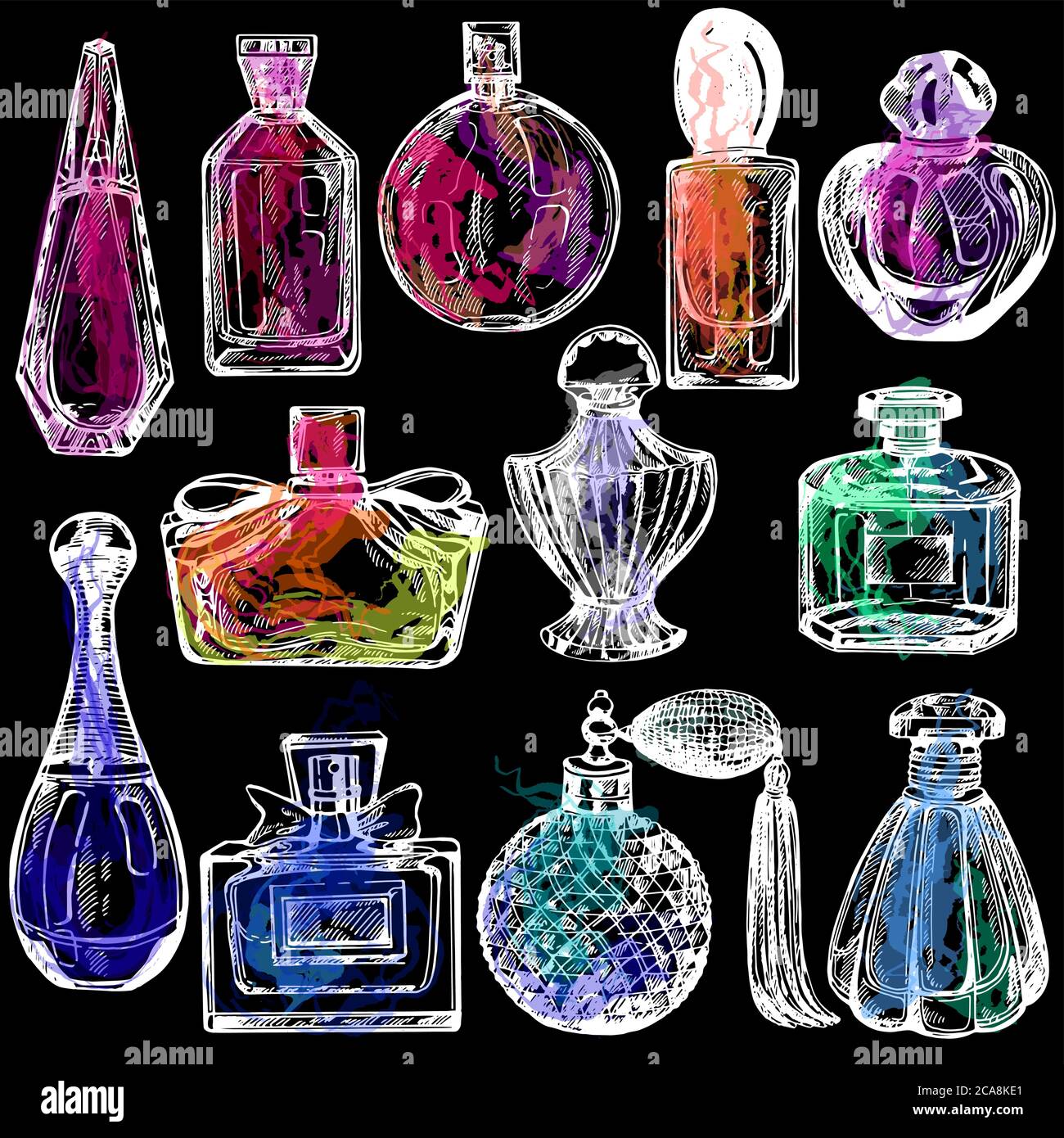 Set of hand drawn sketch style colorful bottles of perfume isolated on ...