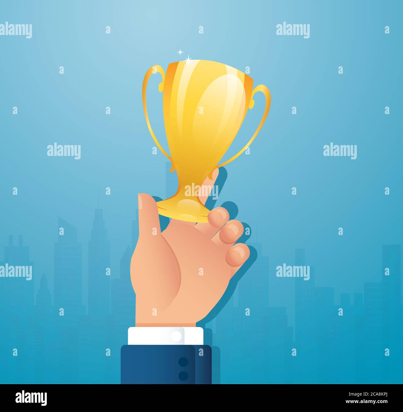 hand holding Gold Trophy Cup. Winner trophy award Stock Photo - Alamy
