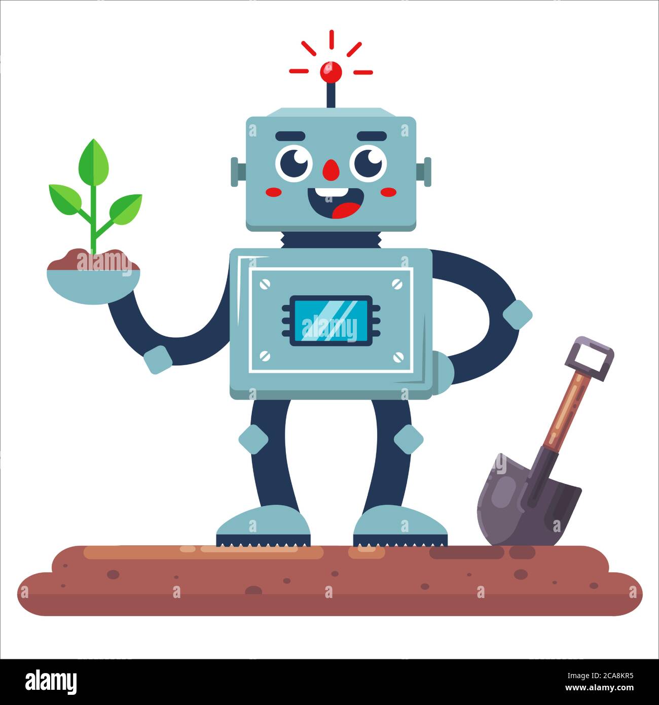 Robot gardener with a shovel and a plant in his hand. Flat character ...