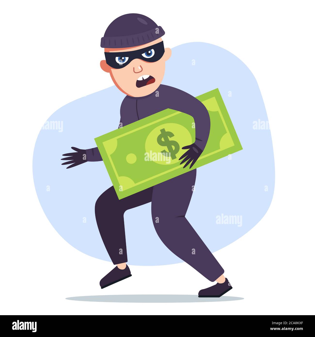 a thief who has stolen money is holding a big dollar bill in his hands ...