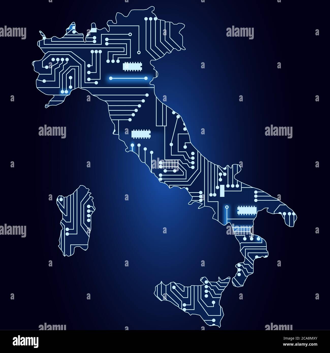 Contour map of Italy with a technological electronics circuit Stock ...