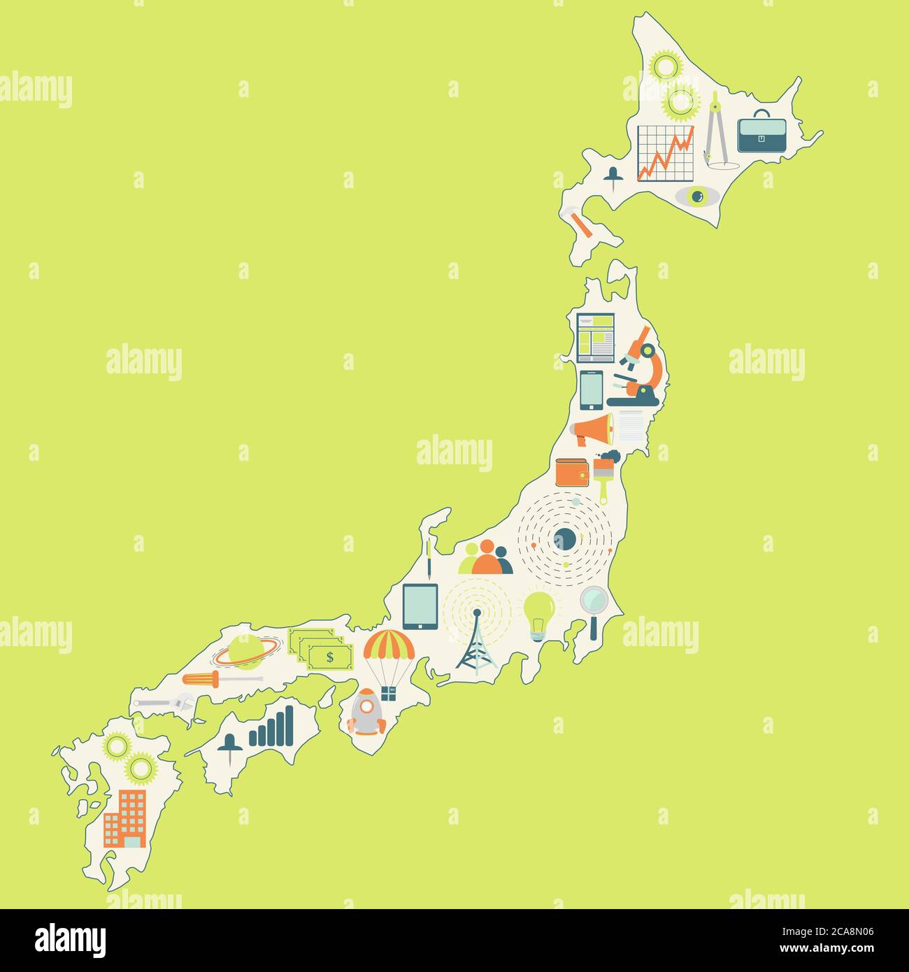 Contour map of Japan with icons of technology, business, science ...