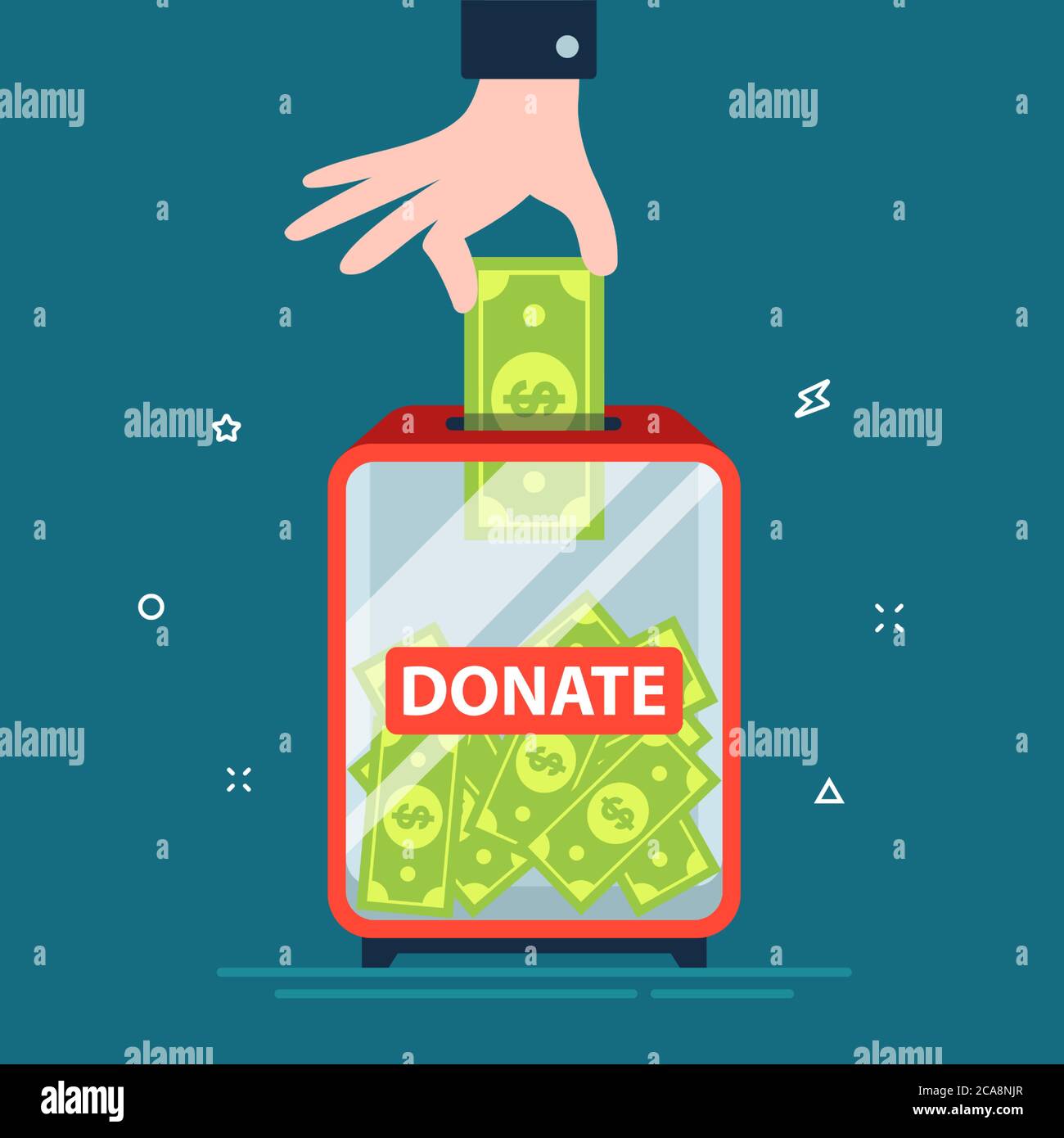 hand puts dollar in donation box. charity from the rich. flat vector ...