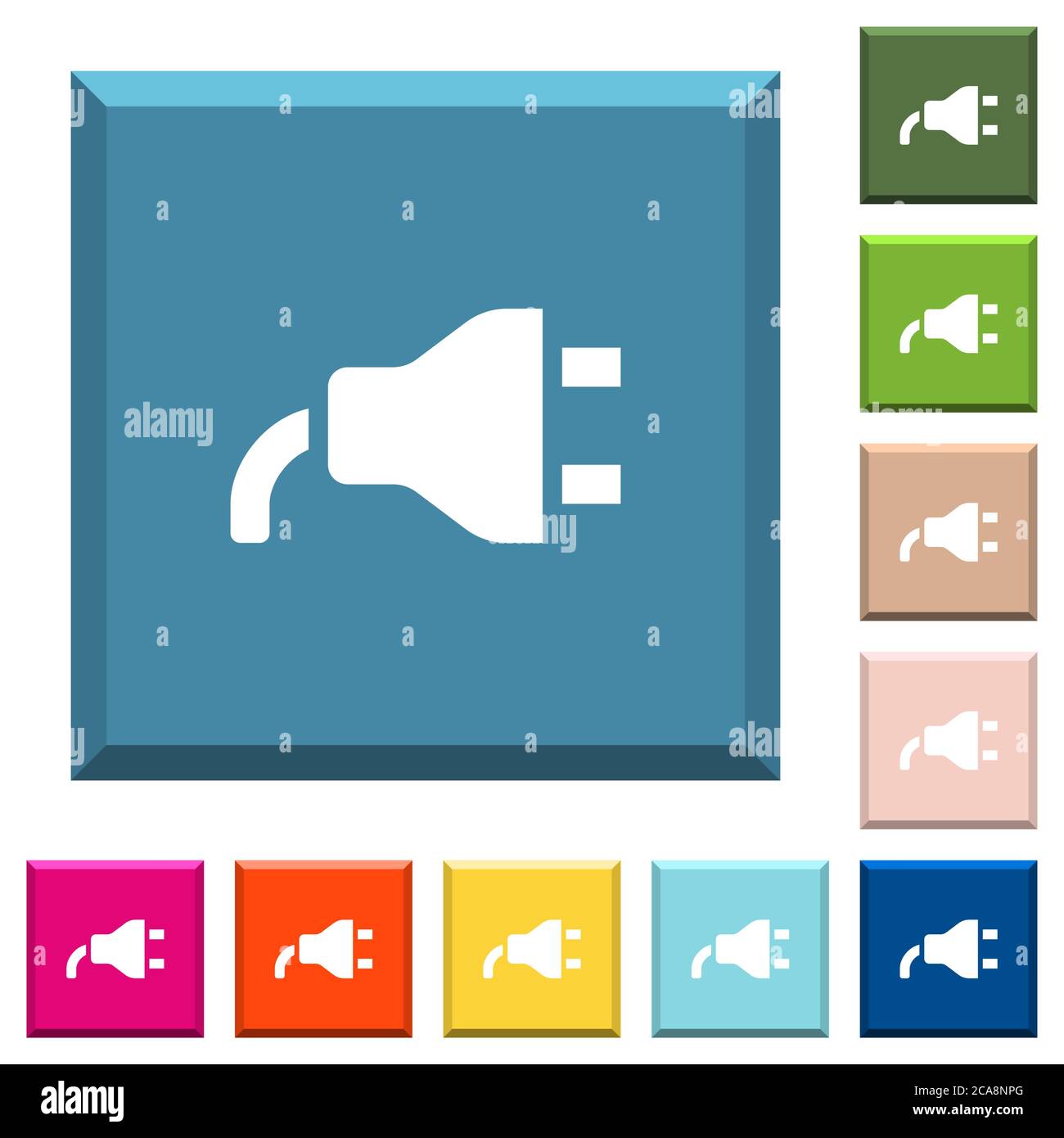 Power plug white icons on edged square buttons in various trendy colors ...