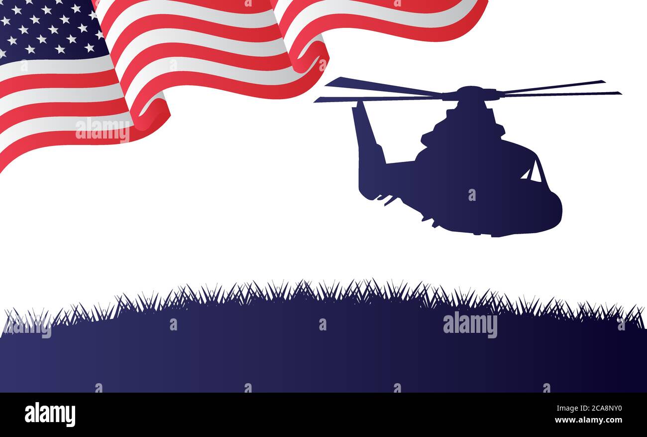 silhouette helicopter military flying with usa flag vector illustration ...
