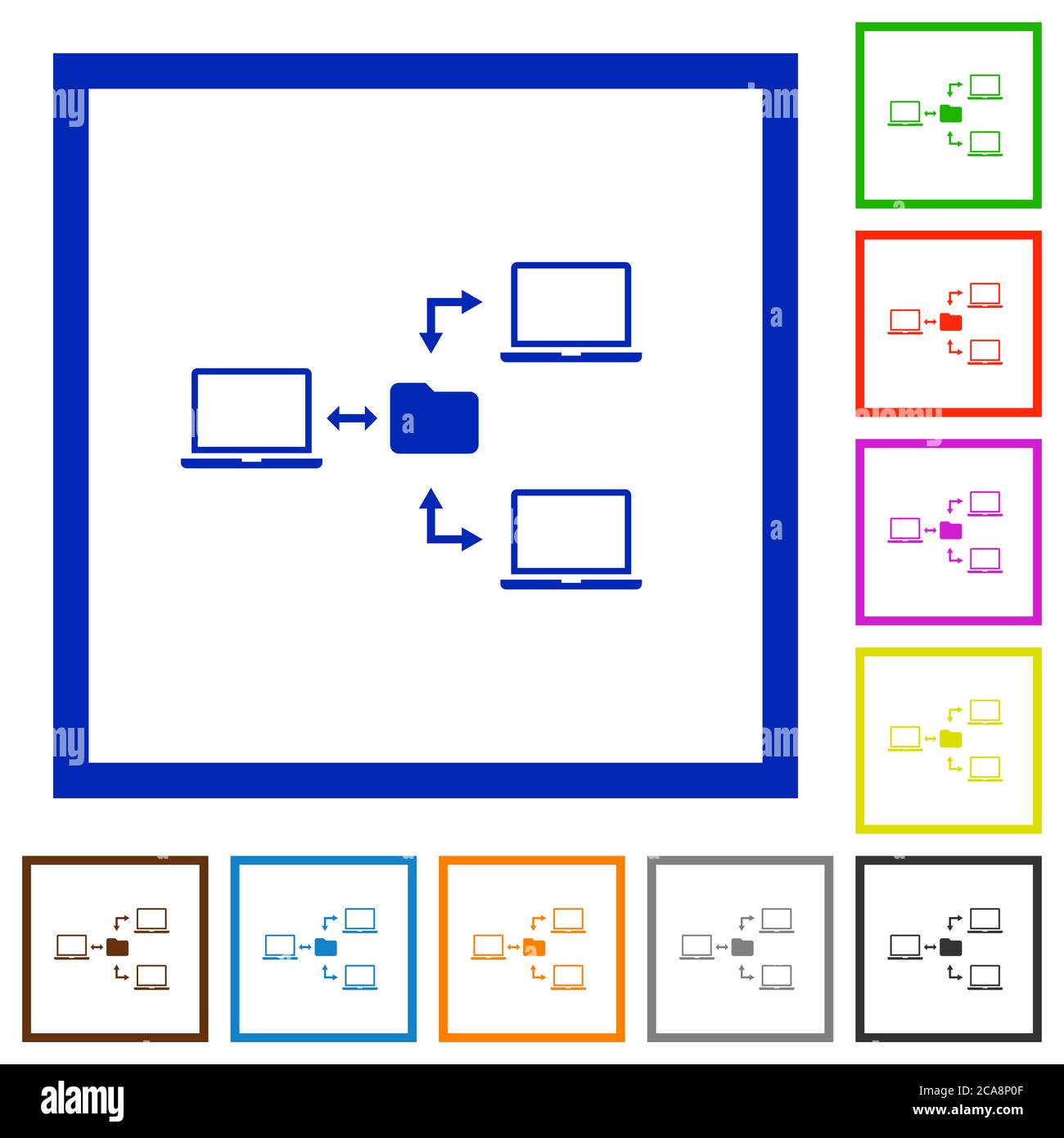 Network file system flat color icons in square frames on white ...