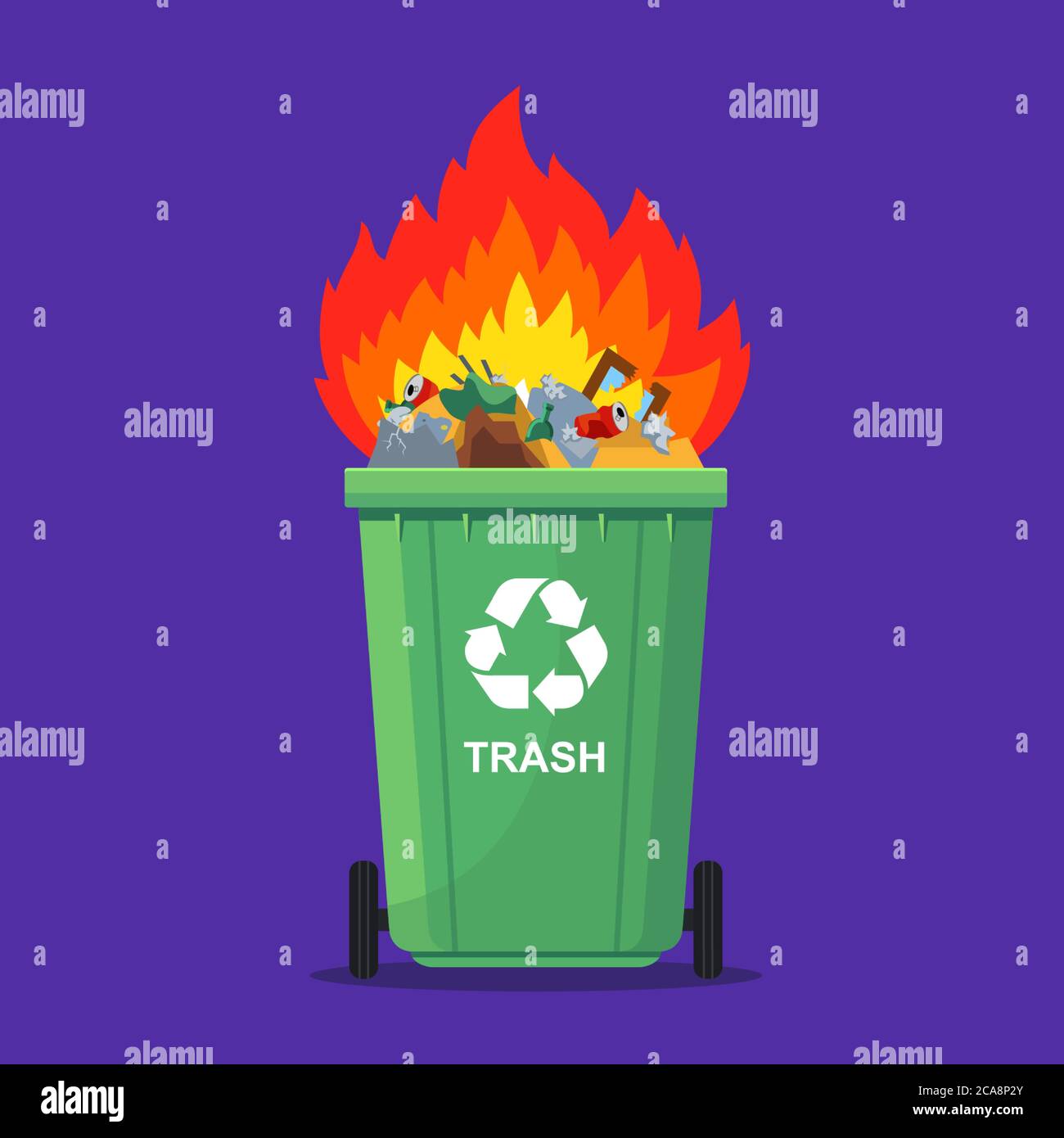 garbage in the trash can burns. waste incineration. flat vector ...