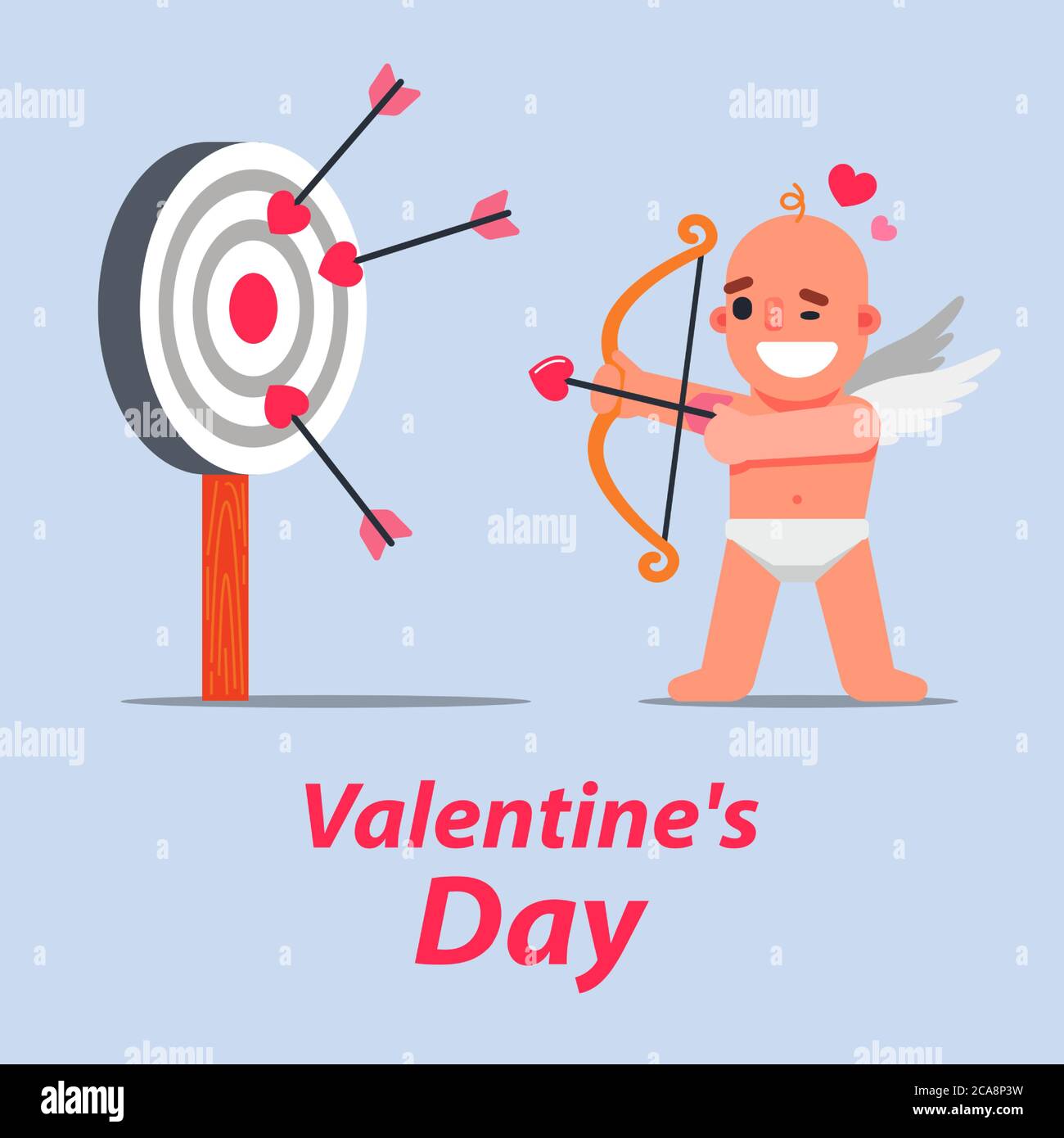 Cupid shoots at a target from a bow with love arrows. Flat character ...