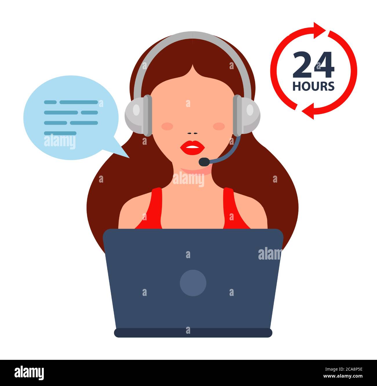 girl with headphones and laptop working in a call center. flat ...
