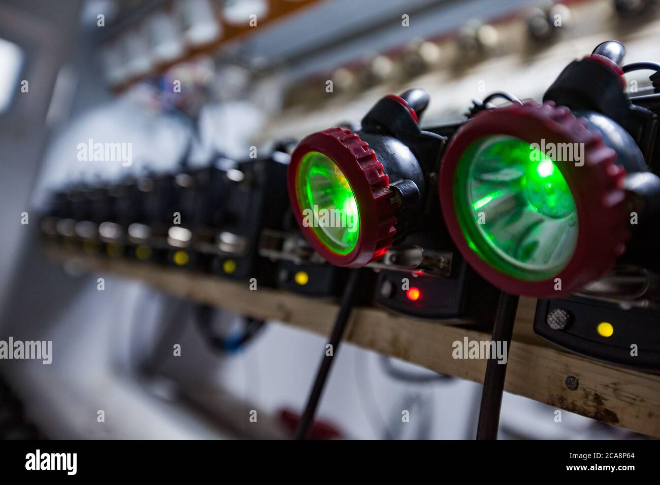 Gold mining and processing plant quarry. Charging station. Green lights ...
