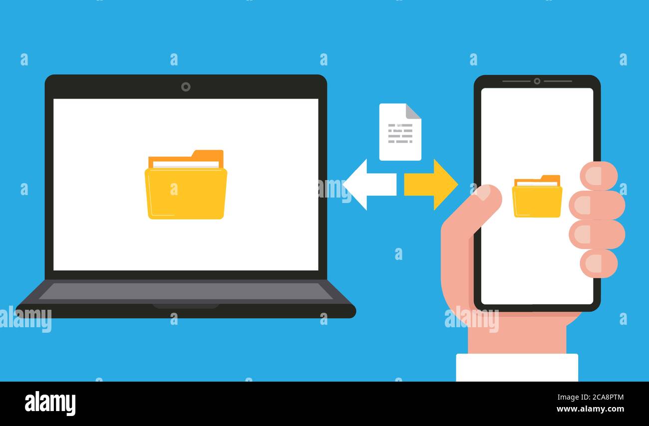 synchronization of data and documents on a computer and smartphone. vector flat illustration ...
