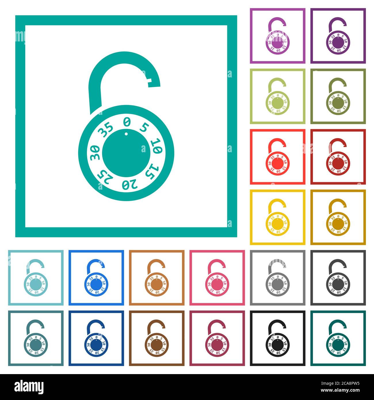 Unlocked round combination lock flat color icons with quadrant frames ...