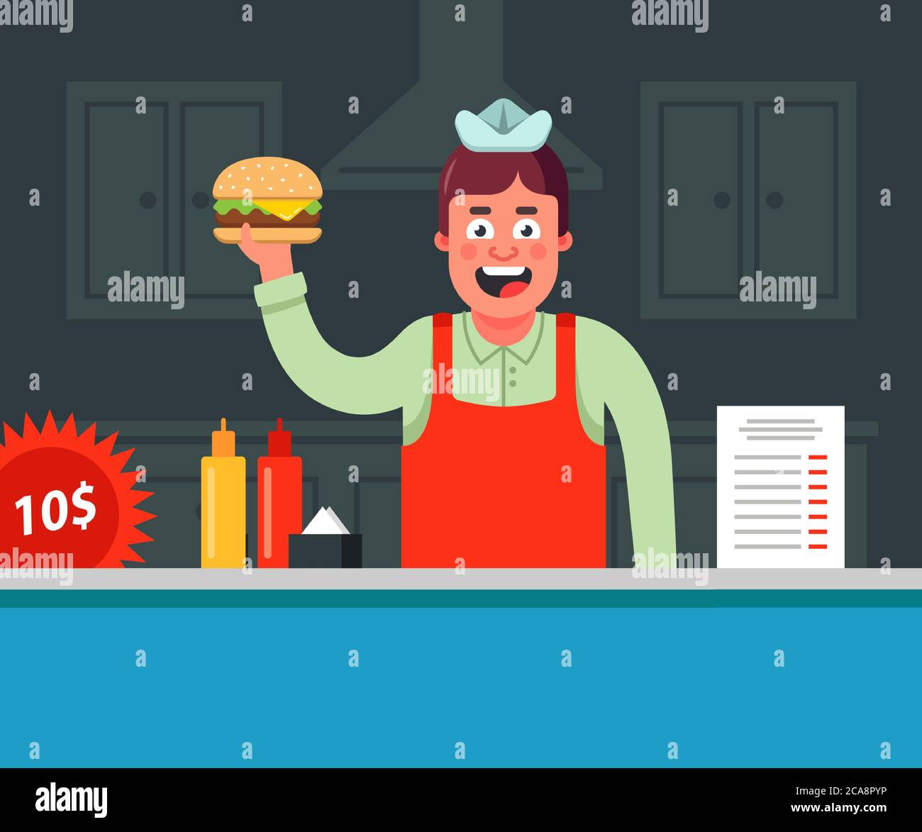 joyful seller has prepared a hamburger and is selling it. Flat vector ...