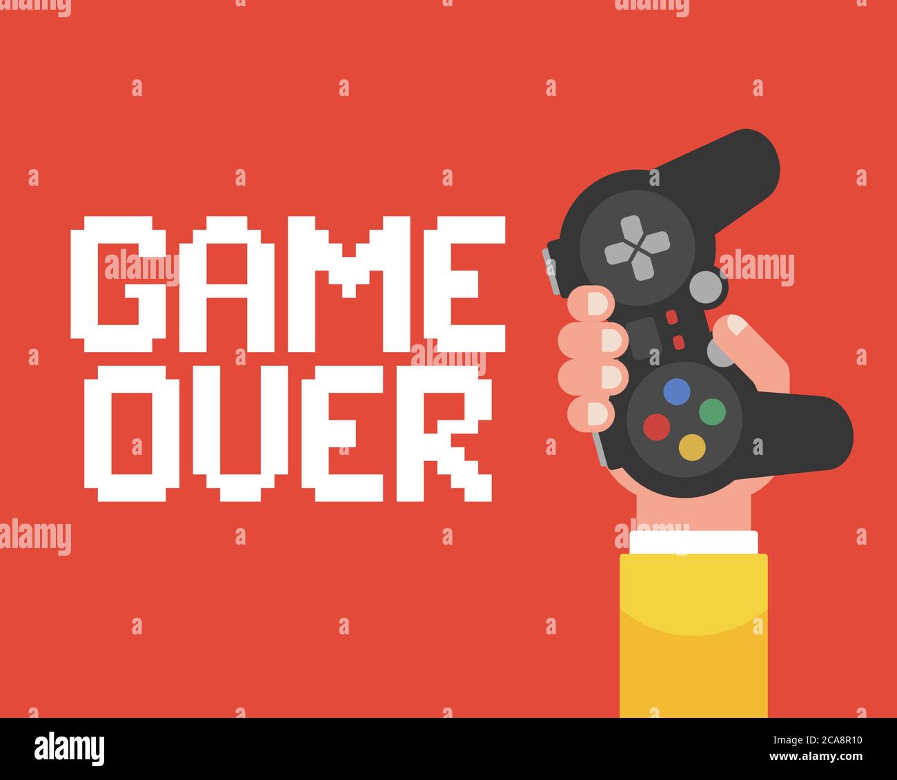 Game over poster with a hand that holds the joystick. flat vector ...