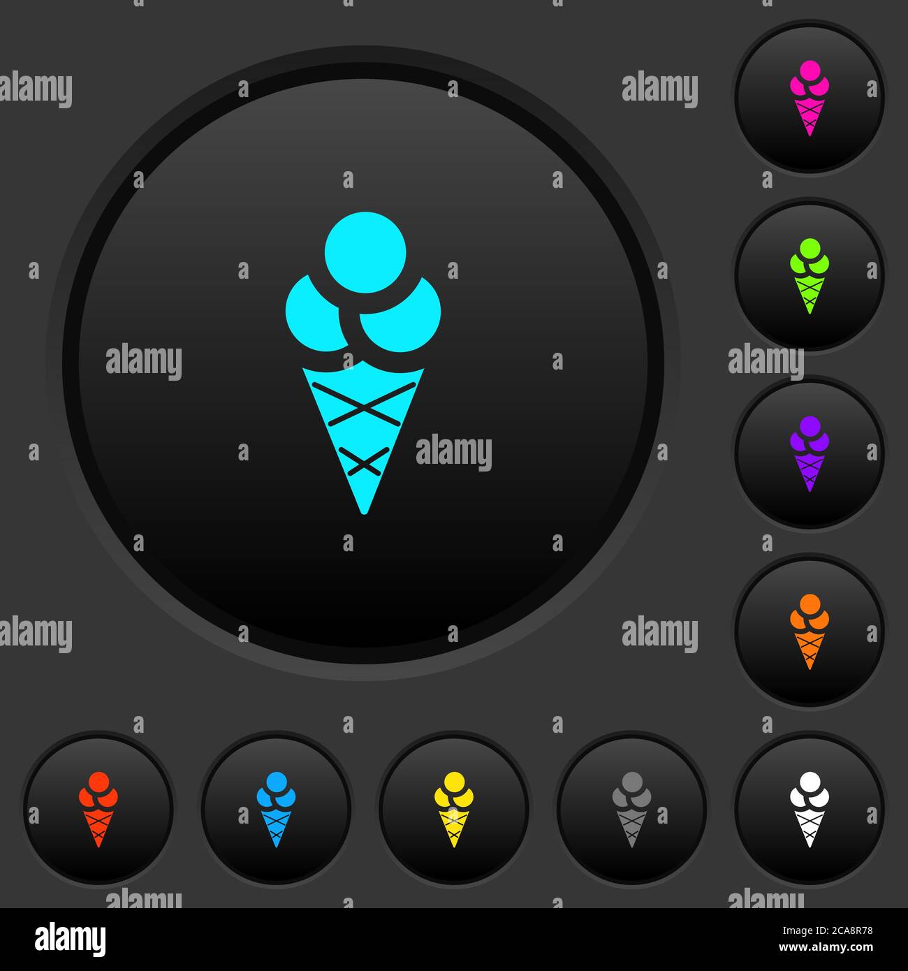 Ice cream dark push buttons with vivid color icons on dark grey ...