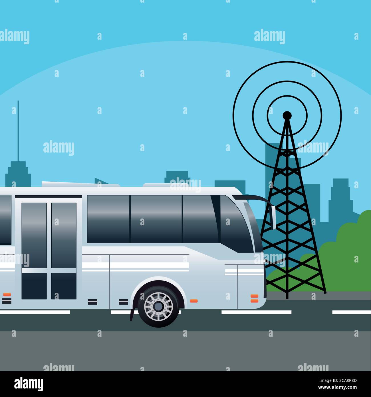 white bus public transport vehicle with telecommunications antenna ...
