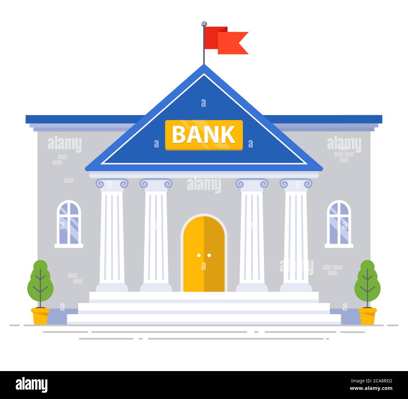 White bank building with columns and flag on the roof isolated. flat ...