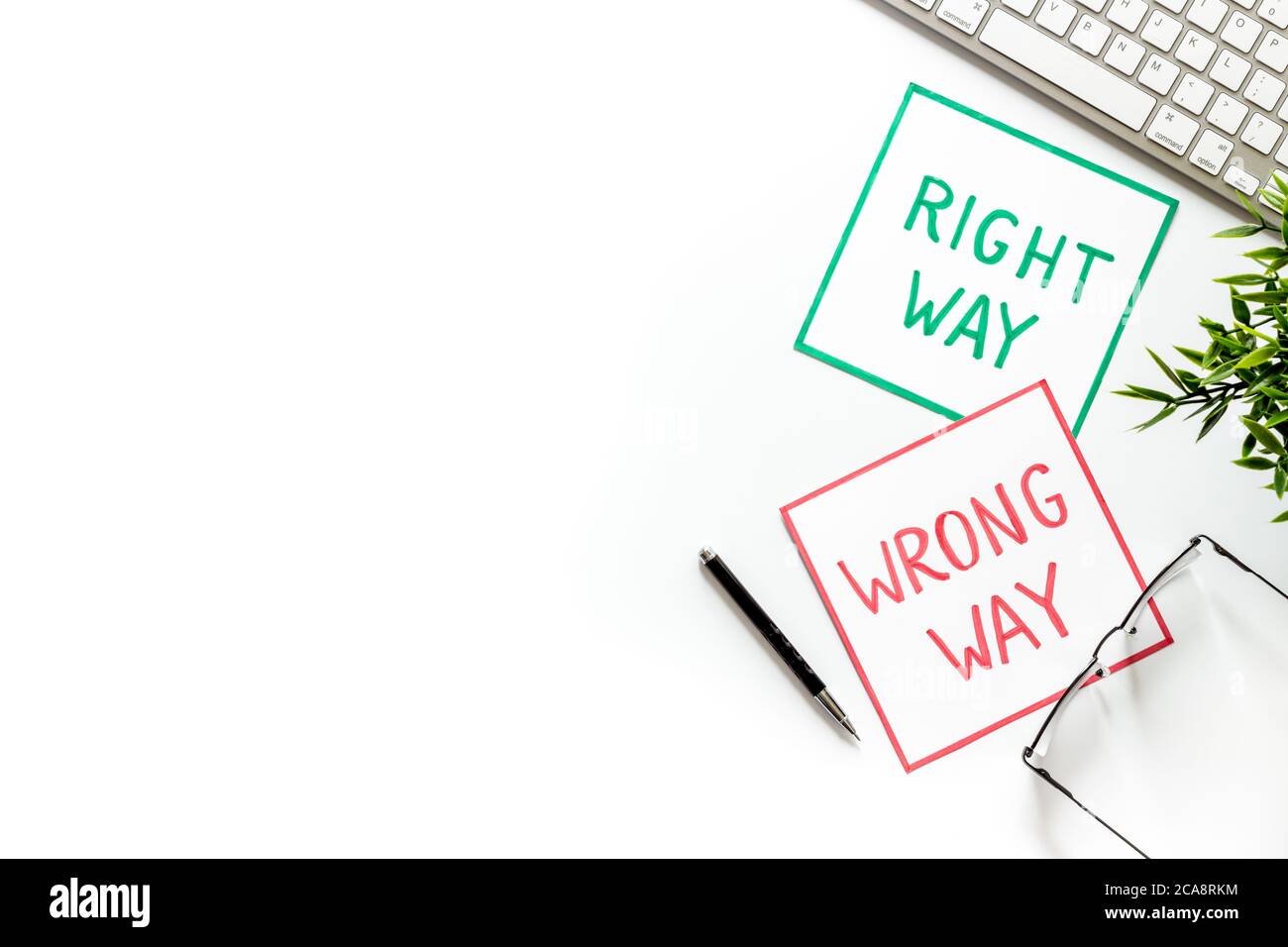 Doubt concept.. Right and wrong way icons on work desk from above copy ...