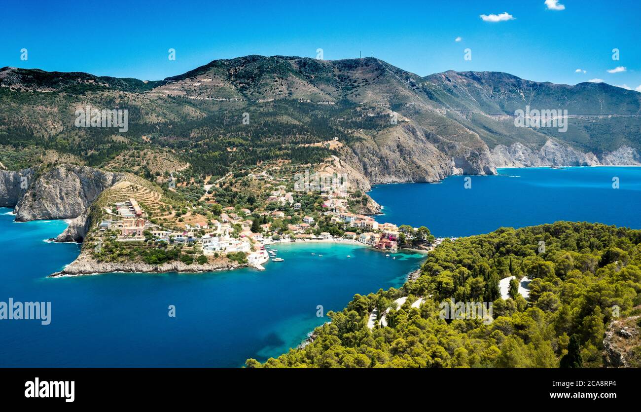 The quaint small beach town of assos asos on the greek island kefalonia ...