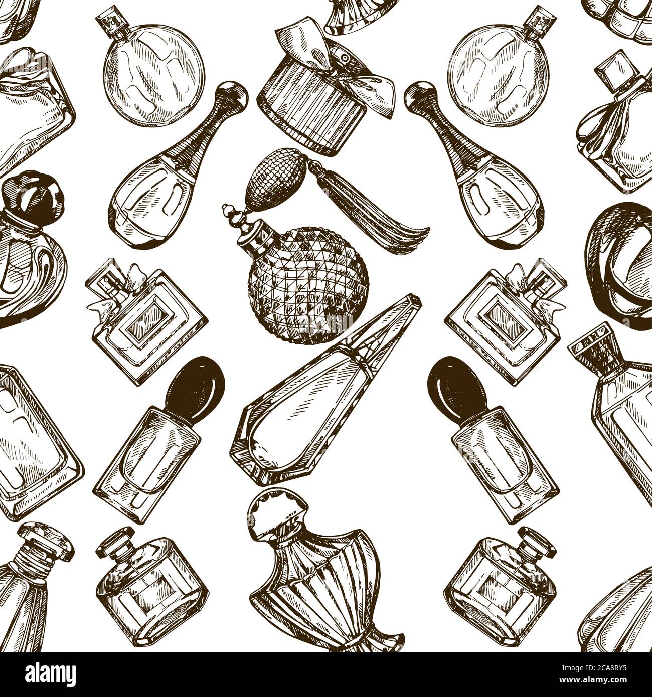 Seamless pattern of hand drawn sketch style bottles of perfume isolated ...