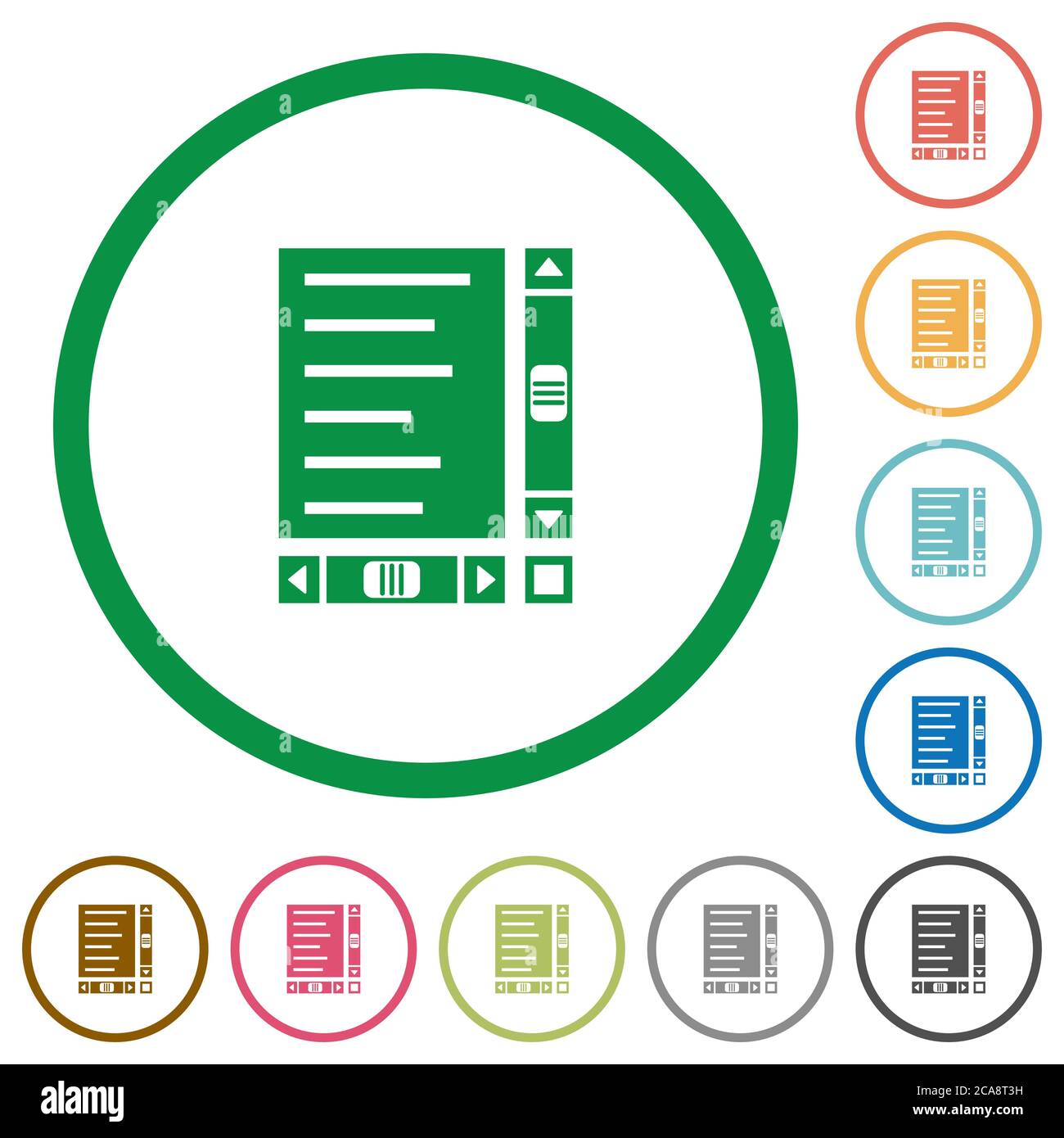 Document with content and scroll bars flat color icons in round outlines on white background ...
