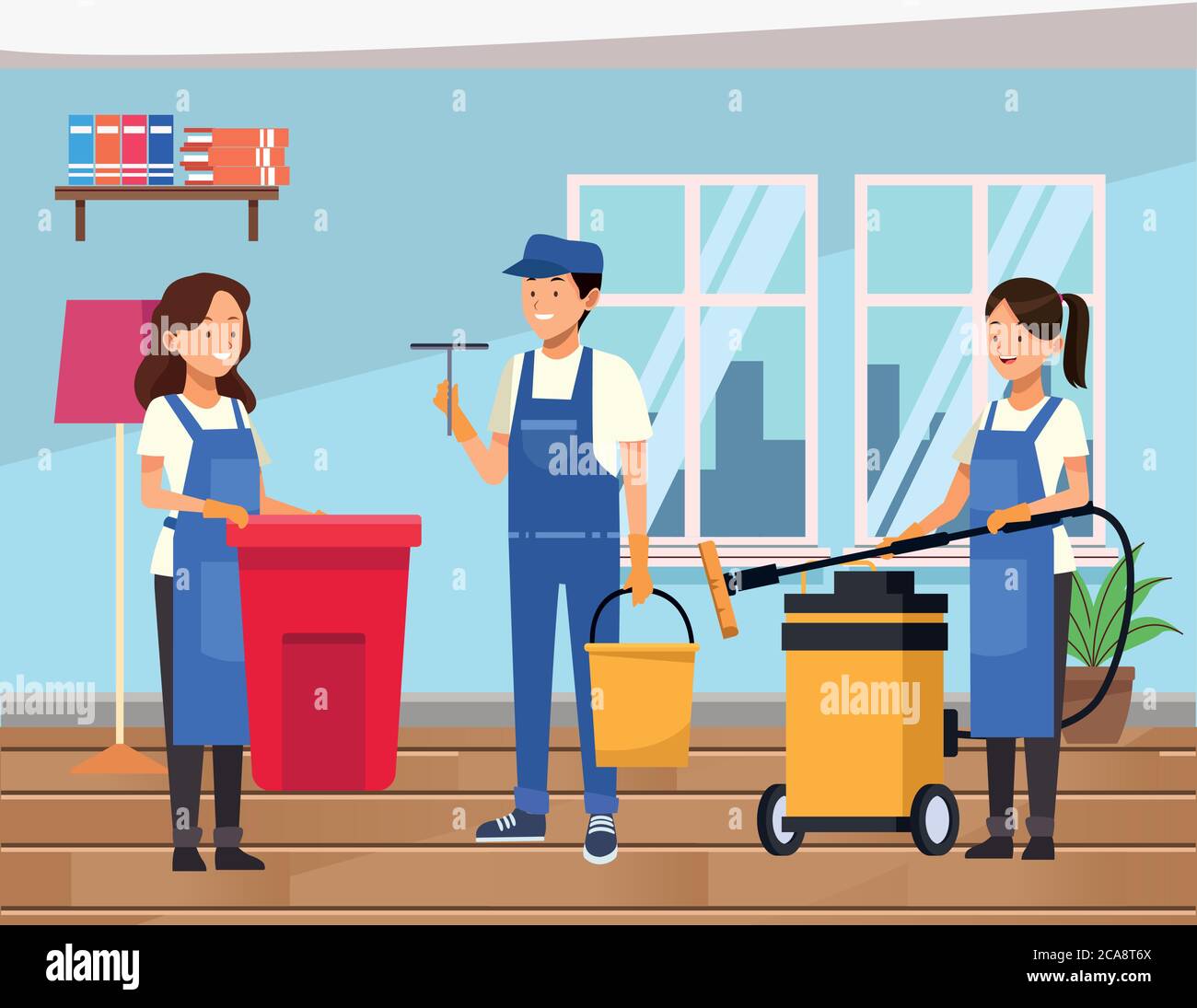 housekeeping team workers cleaning house with equipment tools vector ...
