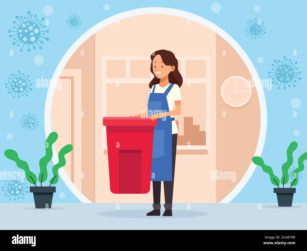 housekeeping female worker with garbage pot avatar character vector ...