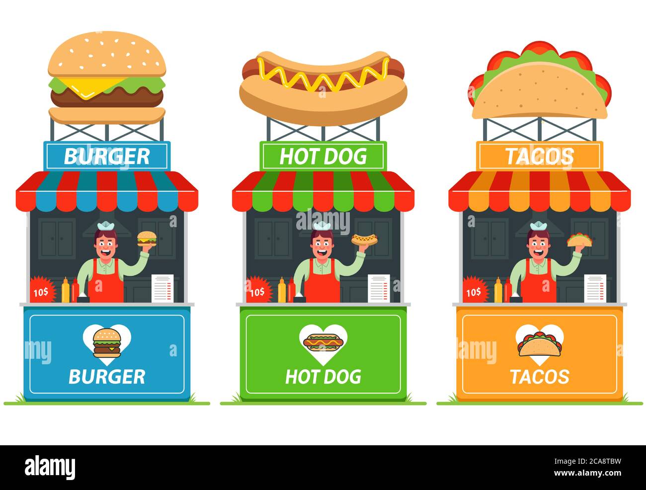 Set of stalls with fast food. Cheerful seller at the kiosk. flat vector ...