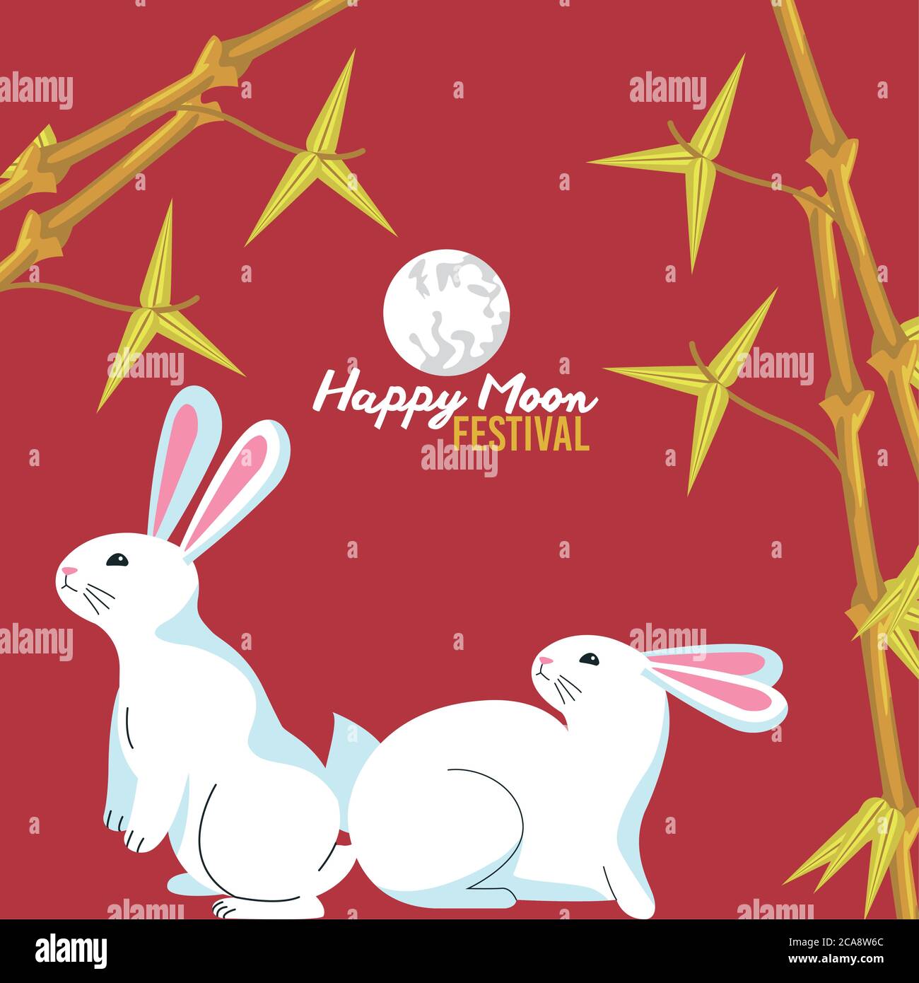 happy mid autumn festival with rabbits and bamboo plants vector ...