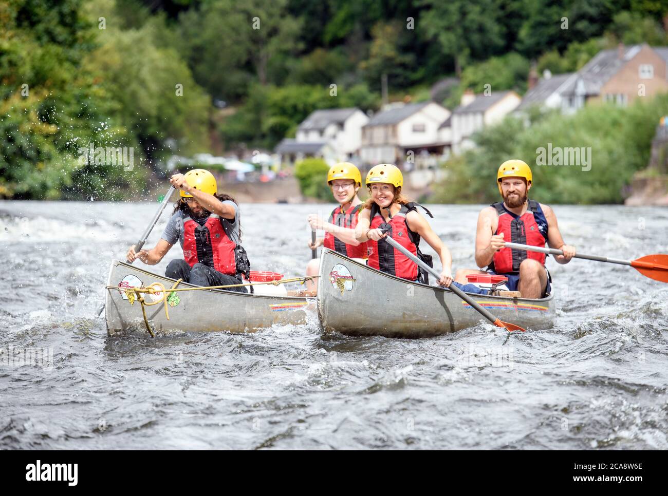 A catamaran canoe on the River Wye at Symonds Yat, Herefordshire UK ...